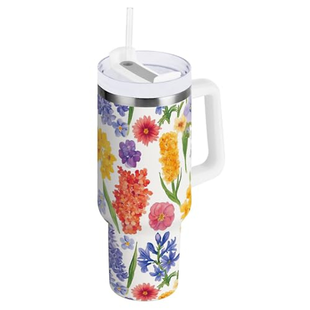 linqin Colourful Florals White Vacuum Tumbler Insulated with Lid and Straw 30 oz Running Water Bottle Reusable Travel Coffee Mug for Home, Office or Car