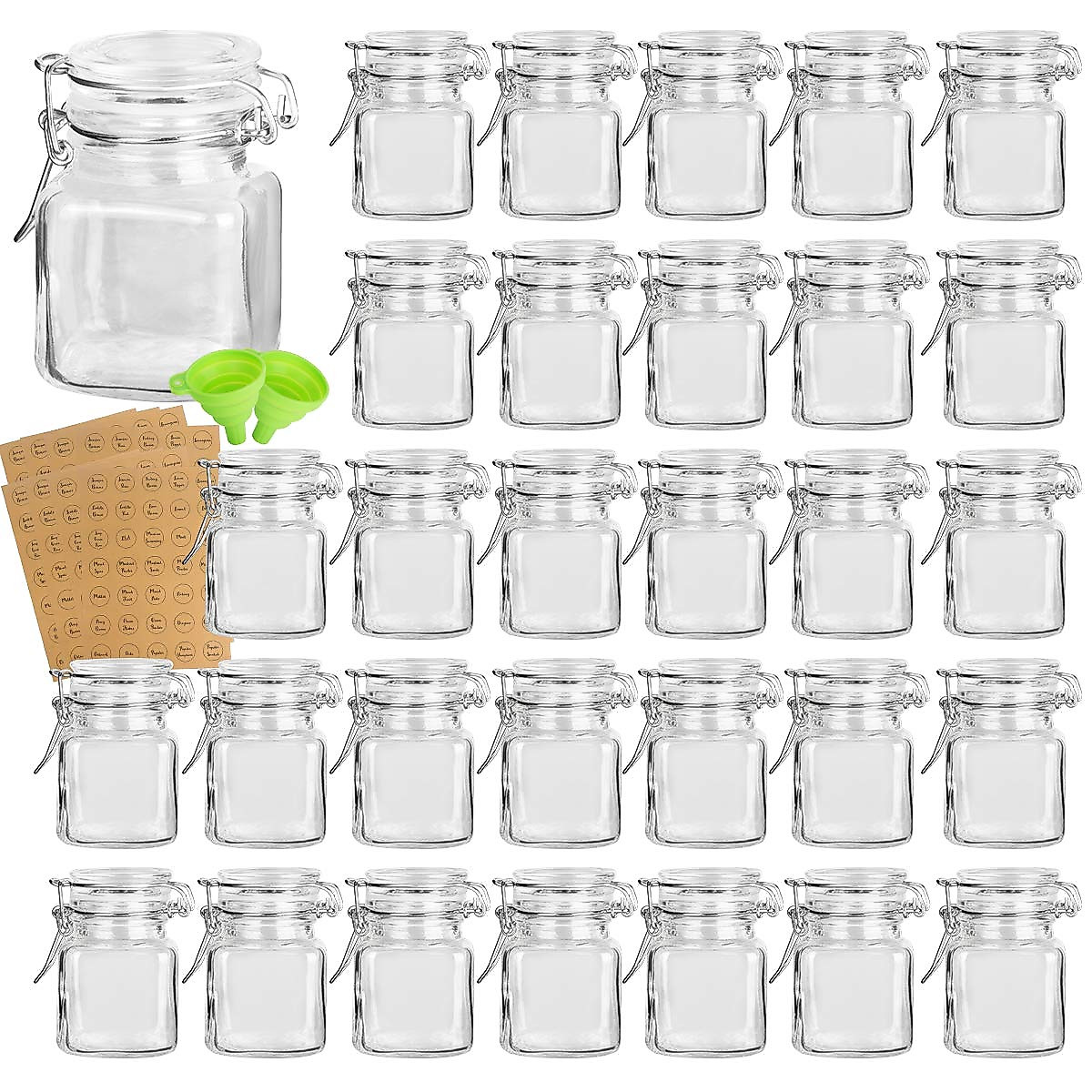 Glass Jars With Lids, KAMOTA 30 pack of 3.5 oz small glass jars for storage spice herbal condiments with leak-proof rubber gaskets and airtight hinged lids, 280 labels and 2 silicone funnels