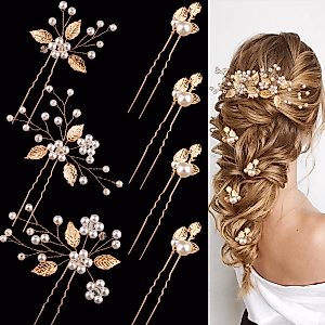 7 Pieces Wedding Hair Pins Gold Leaf Bride Headpiece Pearl Wedding Hair Styling Pins Hair Accessories Flower Hair Accessories for Brides Bridesmaids Girls