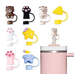 8Pcs Straw Cover for Stanley Cup, Silicone Straw Covers Cap,Cute Cartoon Dust-Proof Reusable Drinking Straw Tips Protector for Stanley Cup or 12mm Drinking Straws Plug Decoration (Mixed Style)