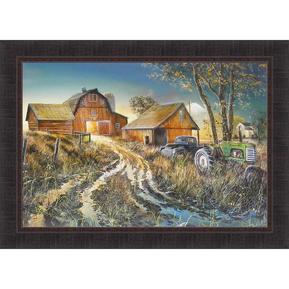 Home Cabin Décor Diamonds in The Rough by Jim Hansel 24x33 Red Barn Farm John Deere Tractor Evening Sunset Framed Art Print Picture