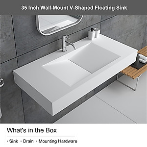 Weibath 35'' Vessel Sink Wall-Mount Bathroom Sink V-Shaped Floating Sink Stone Resin in Matte White