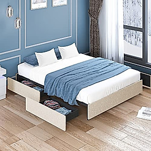 BALUS Full Size Bed Frame with Storage Drawers, Wood Slat Support Bed Frame, Linen Fabric Upholstered Platform Bed, Bed Frame with Large Storage Space Beige