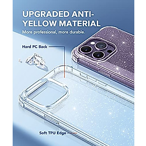 BERFY for iPhone 14 Pro Case Glitter Clear, with 2X Screen Protector + 2X Camera Lens Protector, [Non-Yellowing] [Military Grade Protection] Cute Bling Shockproof Phone Case 6.1 Inch, Shiny Clear