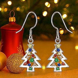 Christmas Tree Dangle Earrings Drop Star S925 Sterling Sliver for Women Colorful CZ Hypoallergenic Piercing Cute Fish Hook Festive Winter Holiday Jewelry Xmas Gift