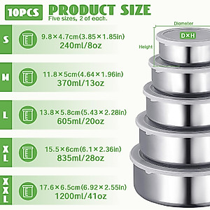 LELE LIFE 10 Pack 5 Sizes Stainless Steel Food Containers with Lids- 240/370/605/835/1200ml - Nesting Stainless Steel Food Storage Containers for Leftovers, Lunch Box, Snacks, Camping, Picnic (10PCS)