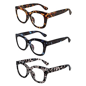 AMOMOMA 3 Pack Retro Oversized Reading Glasses for Women Blue Light Blocking Computer Readers Spring hinge AM6003 with Brown+Blue+Grey Tortoise Frame 2.00 x