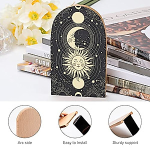 NFGSE Book Ends, Mystical Sun Face Moon Crescent Magic 2 Pcs 5 X 3 Inch Modern Home Decorative Bookends for Shelves, Fashion Design Wood Book Stopper for Heavy Books Office School Home Kitchen Planets