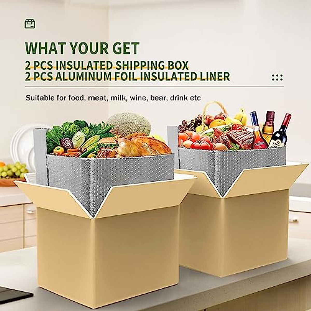 XCLBTFDC Insulated Shipping Boxes with Aluminum Foil Insulated Liner, Styrofoam Cold Delivery Carton Cooler Box with Thermal Bag Liner for Shipping Frozen Food,Moving,Mailing (2 Sets-14"X 11.5"X 9.6")