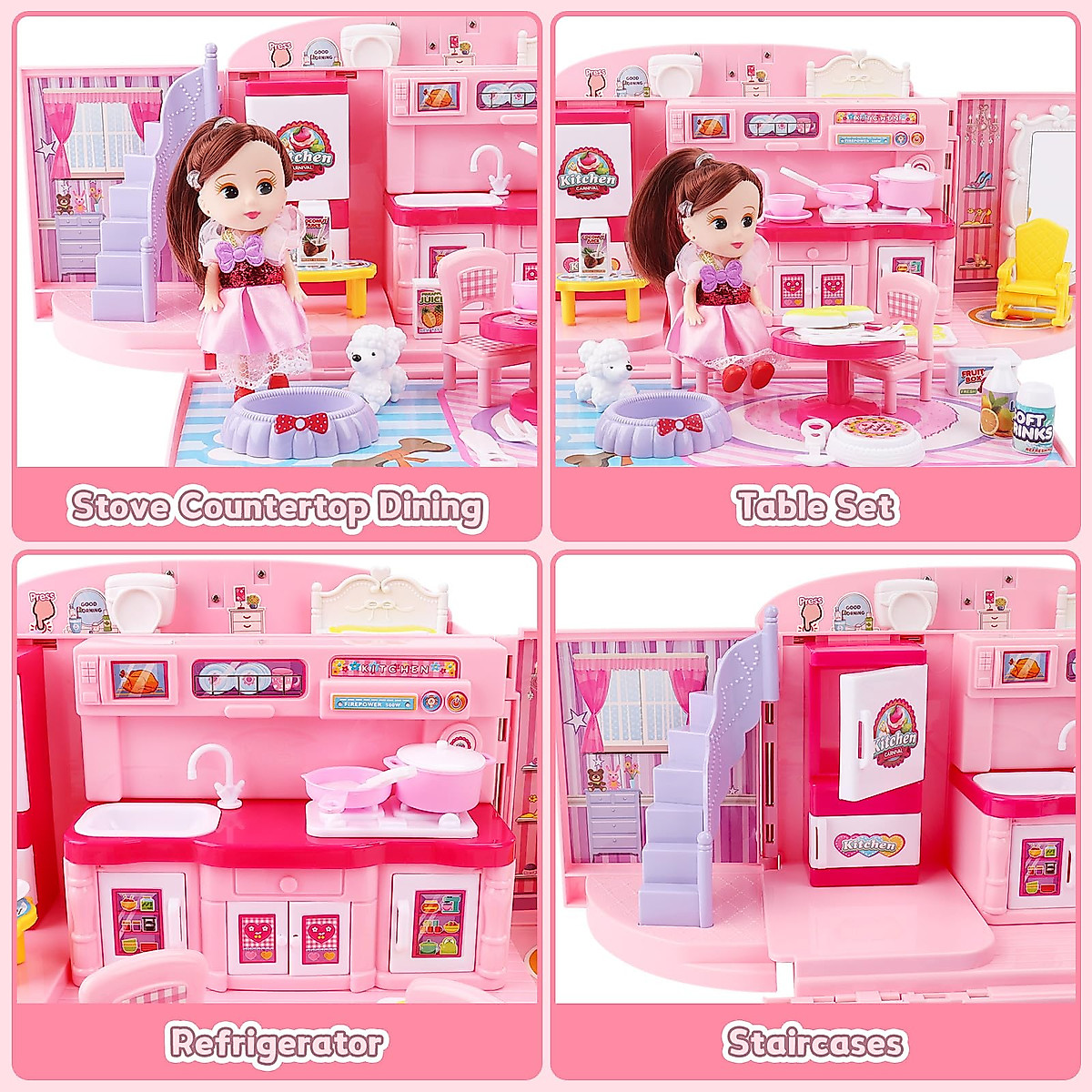 deAO Doll Houses Portable Backpack for Girls with Doll Toy House with Light and Music Baby Dollhouse Furniture for 3 to 8 Years Olds Toddler Kids