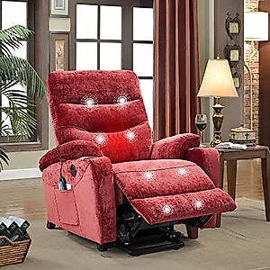 Electric Power Lift Recliner Chair, Vibration Massage Heated Chair for Elderly, Fabric Single Chair with 2 Side Pockets, Lounge Chair with 2 Cup Holders,1 USB Charge Port for Living Room Red