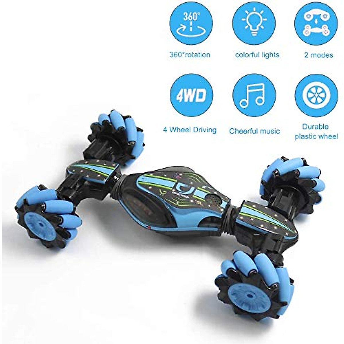 GoolRC RC Stunt Car, 4WD 2.4GHz Remote Control Car, Deformable All-Terrain Off Road Car, 360 Degree Flips Double Sided Rotating Race Car with Gesture Sensor Watch Lights Music for Kids (Blue)