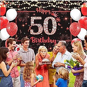 Red Happy 50th Birthday Banner Decorations for Men Women, Large Red Black Glitter 50th Birthday Backdrop Cheers to 50 Years Old Birthday Banner Photo Background Anniversary Party Supplies (50th)