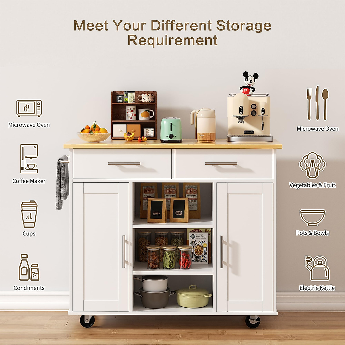 SUNLEI Kitchen Island on Wheels with Storage Cabinet & Drawer, 40" Kitchen Cart Cabinet with Shelves, Cart Handle for Towel Rack or Free Mobility, Portable Islands for Kitchen(White)