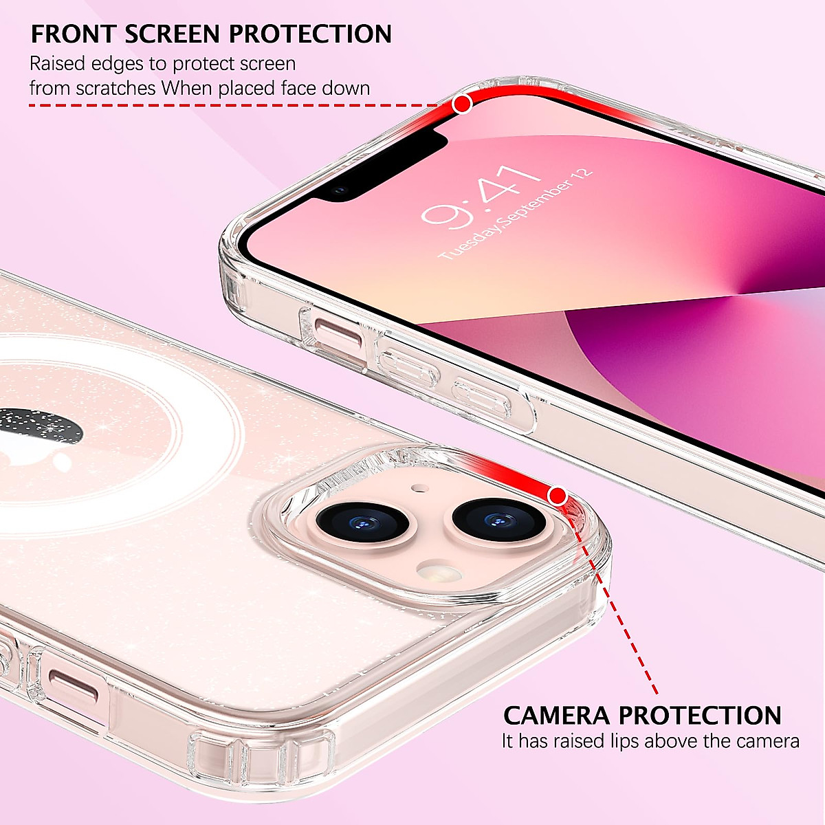 Telaso iPhone 13 Mini Case, iPhone 13 Mini Clear Glitter Case Compatible with Magsafe Wireless Charging Shockproof Anti-Scratch Hybrid Hard PC TPU Bumper Phone Case for iPhone 13 Mini 5.4", Clear