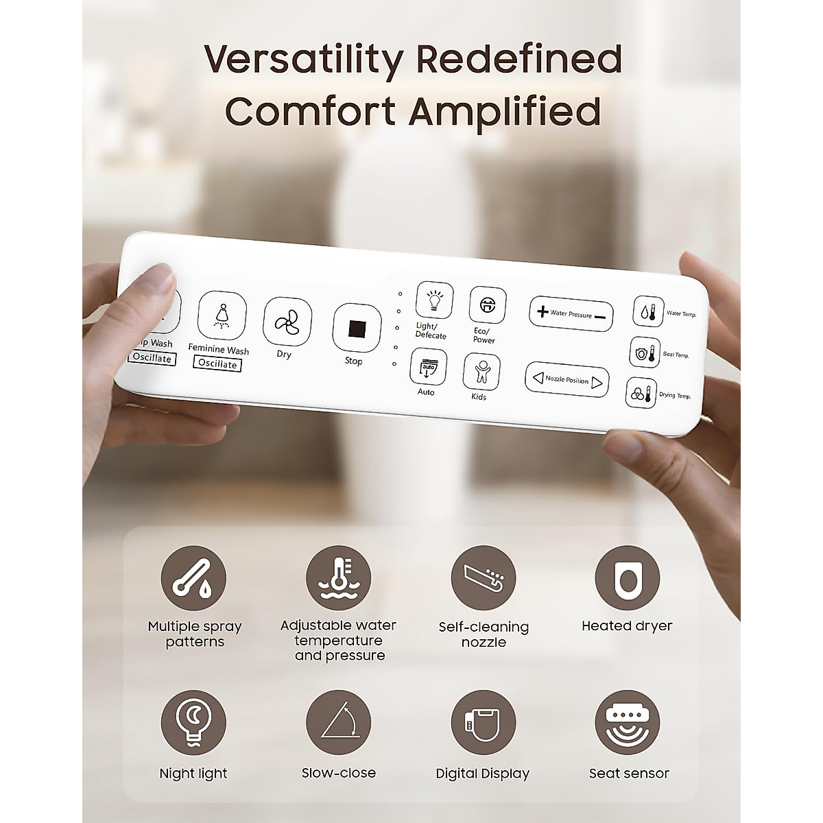 Electronic Elongated Bidet Toilet Seat: GREENEVER Smart Bidet Warm Water Rear and Front Wash Warm Air Dryer & LED Light, Multiple Spray Modes Wireless Remote Seat Sensor, Bidet Attachment for Toilet