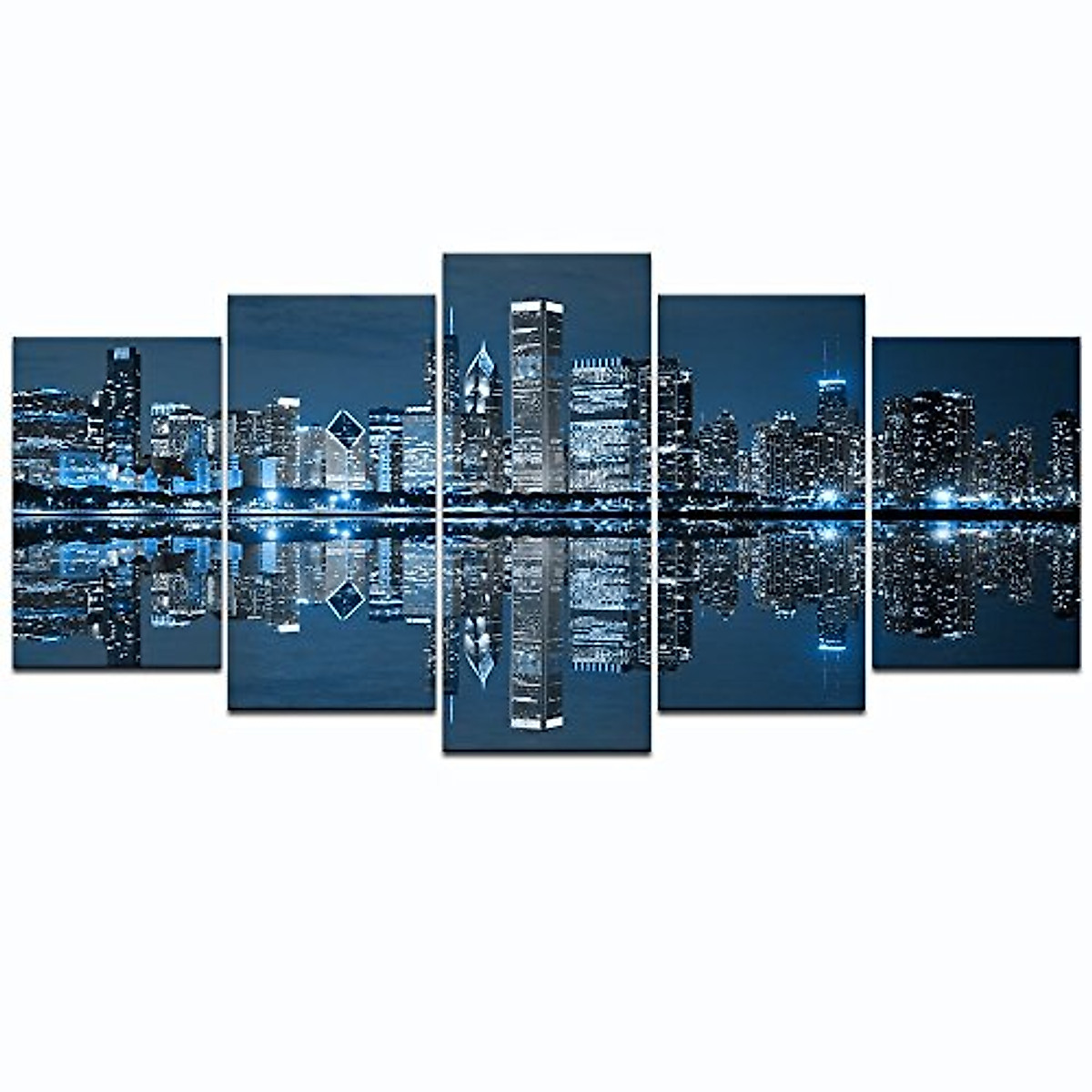 LevvArts - Chicago Downtown at Night Picture Canvas Print - Modern City Wall Art - 5 Panels Framed Artwork for Office Living Room Wall Decoration