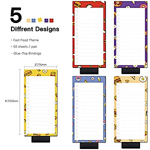 5 Pack Magnetic Notepads with Pen Holder for Fridge, Full Magnet Back Notepad, To Do List, Grocery Shopping, Fast Food Theme, 6 x 3 Inches, 50 Sheets, Memo Pad for Fridge, Locker, File Cabinet, etc