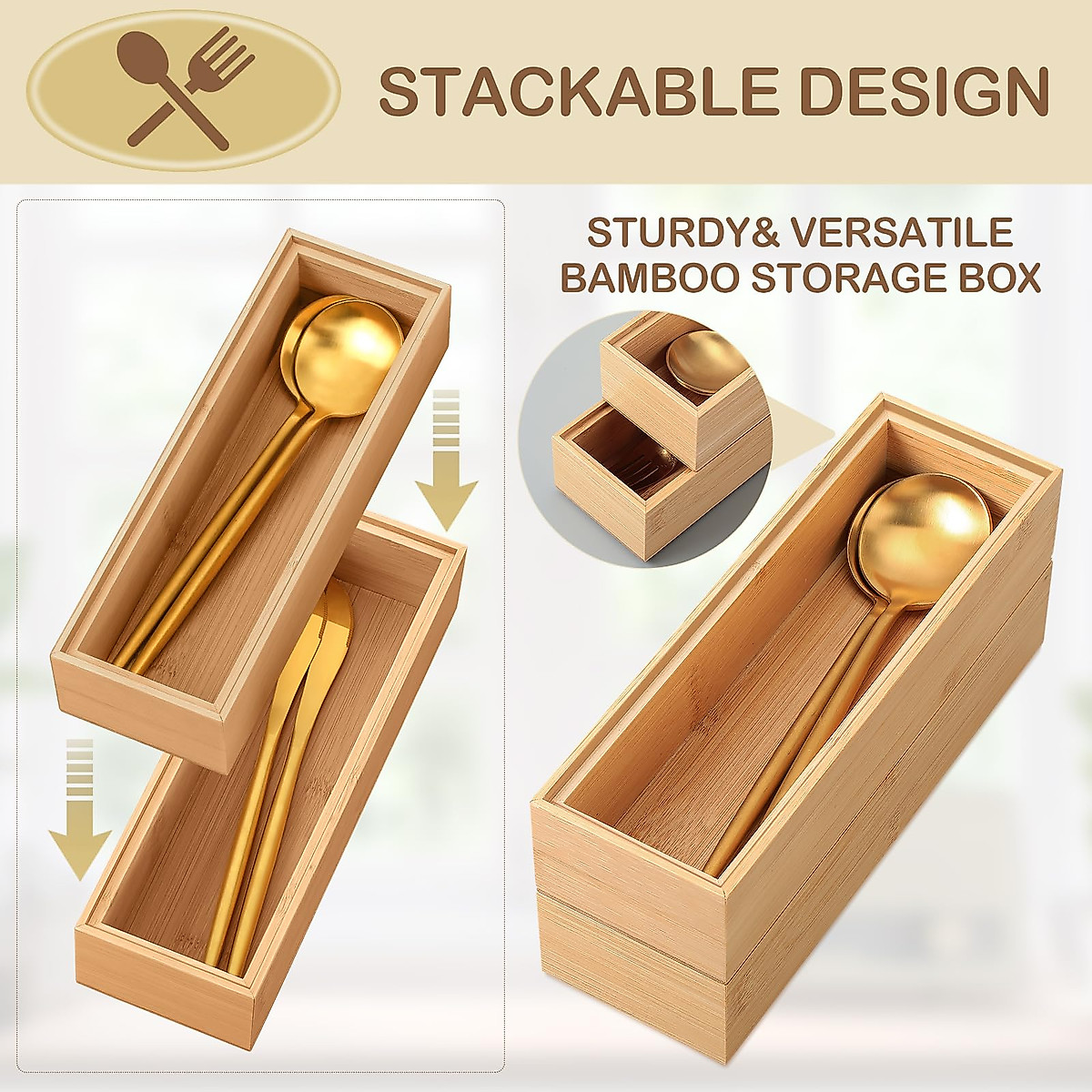 Kigley 8 Pieces Bamboo Drawer Organizer Kitchen Utensils Wooden Utensil Organizer for Drawers Stackable Wooden Storage Box Bamboo Silverware Tray for Drawer (9 x 3 x 2 Inch)