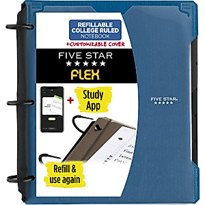 Five Star Flex Refillable Hybrid NoteBinder + Study App, College Ruled Paper, 1" TechLock Rings, Customizable Cover, 200 Sheet Capacity, Notebook and 3-Ring Binder All-in-One, Pacific Blue (29326AD2)