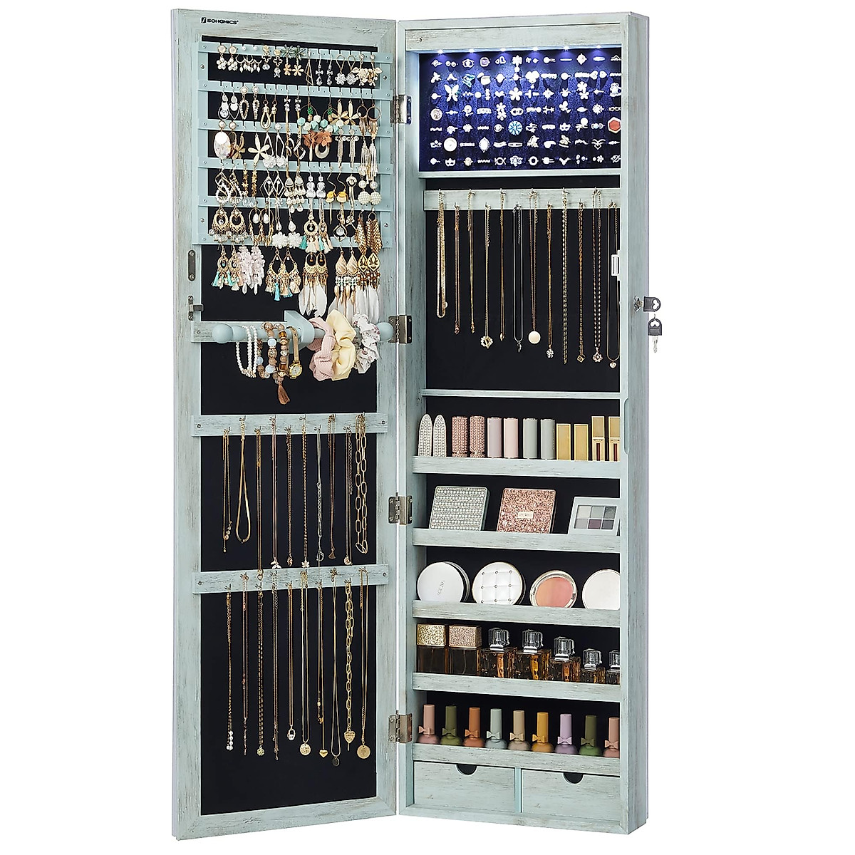 SONGMICS 6 LEDs Mirror Jewelry Cabinet, 47.2-Inch Tall Lockable Wall or Door Mounted Jewelry Armoire Organizer with Mirror, 2 Drawers, 3.9 x 14.6 x 47.2 Inches, Rustic Green UJJC93UJ