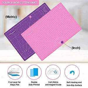 Headley Tools 12 x 18 Inch Self Healing Cutting Mat, Durable Rotary Cutting Mat Double Sided 5-Ply Gridded A3 Cutting Board for Craft, Fabric, Quilting, Sewing, Scrapbooking Project, Pink/Dark purple