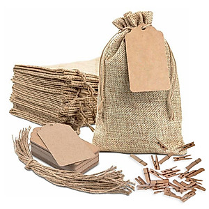 25 Burlap Drawstring Bags, Burlap Bags, Burlap Sack, 25 Mini Wooden Clothespins and 25 Tags, Small Hessian Bags, Hessian Sac Large, Hessian Gift Bags, 4 x 6inch Bags, For Gifts And Favors