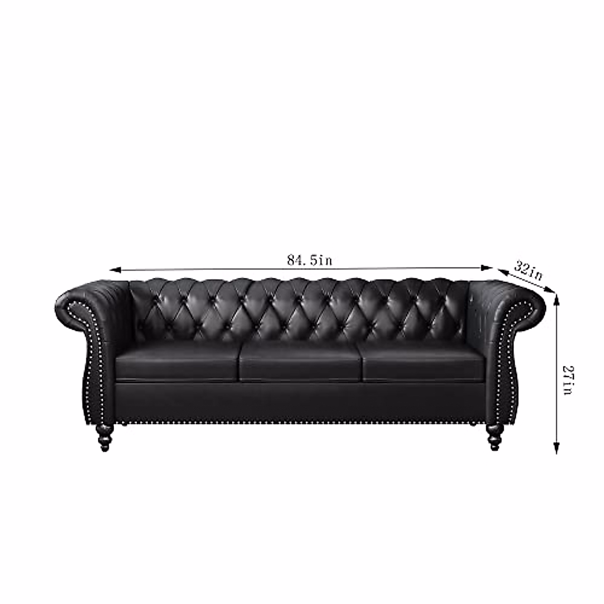 NOSGA Modern 3 Seater Couch, Large Sofa Furniture, Roll Arm Classic Tufted Chesterfield Settee Leather Sofa with Channel Tufted Seat Back for Living Room, Black PU