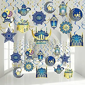30 Pieces Ramadan Mubarak Decorations, Eid Mubarak Hanging Swirl Shining Gold Star Moon Lantern Ceiling Foil Decor for Eid Al-fitr Party Egyptian Holiday Decorations Supplies (Blue and Gold)