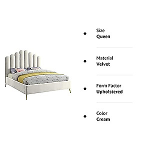 Meridian Furniture Lily Collection Modern | Contemporary Velvet Upholstered Bed with Deep Channel Tufting and Custom Gold Steel Legs, Queen, Cream
