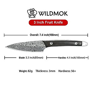 WILDMOK Fruit Knife 3.3 Inch Laser Pattern Kitchen Knife Stainless Steel Fruit and Vegetable Cutting Carving Knives with Leather Case (3.3 Inch Paring knife)