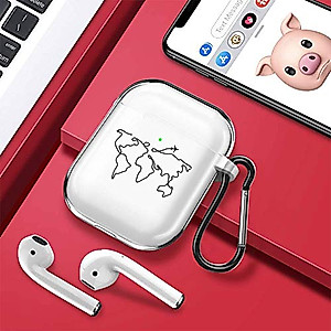 Eouine for AirPods 1/2 Case, AirPods Case Transparent Clear with Pattern Slim Shockproof Soft TPU Silicone with Keychain Running Bumper Skin for Apple Airpods Charging Case 1/2, Map 1