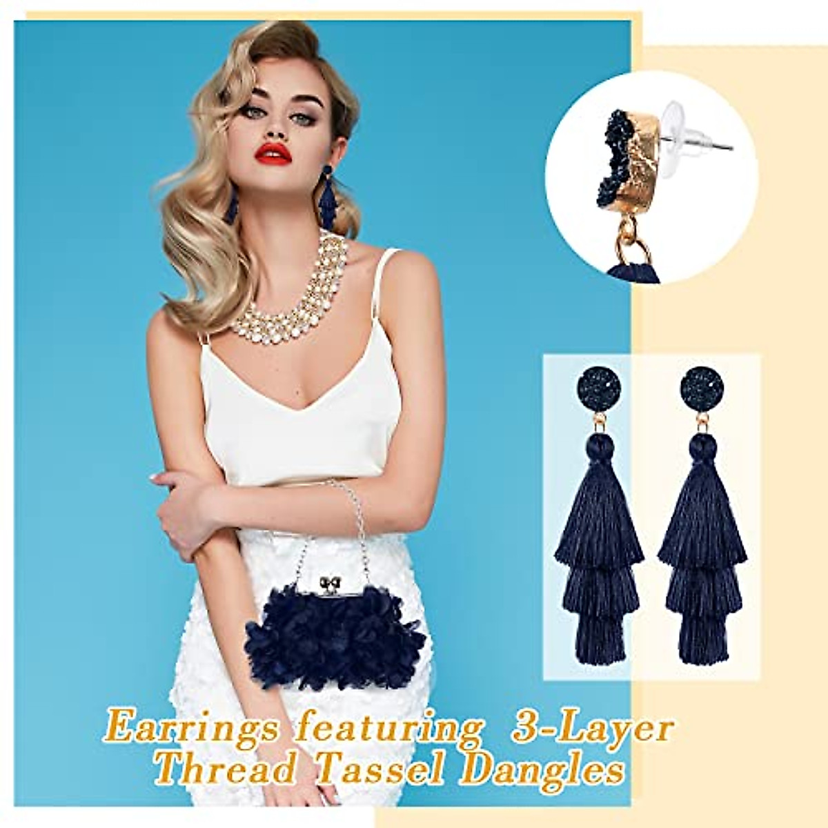 Clutch Evening Bags Satin Floral Appliques Clutch Purses Bohemian Tiered Earring for Women Prom Layered Tassel Earrings (Navy Blue)