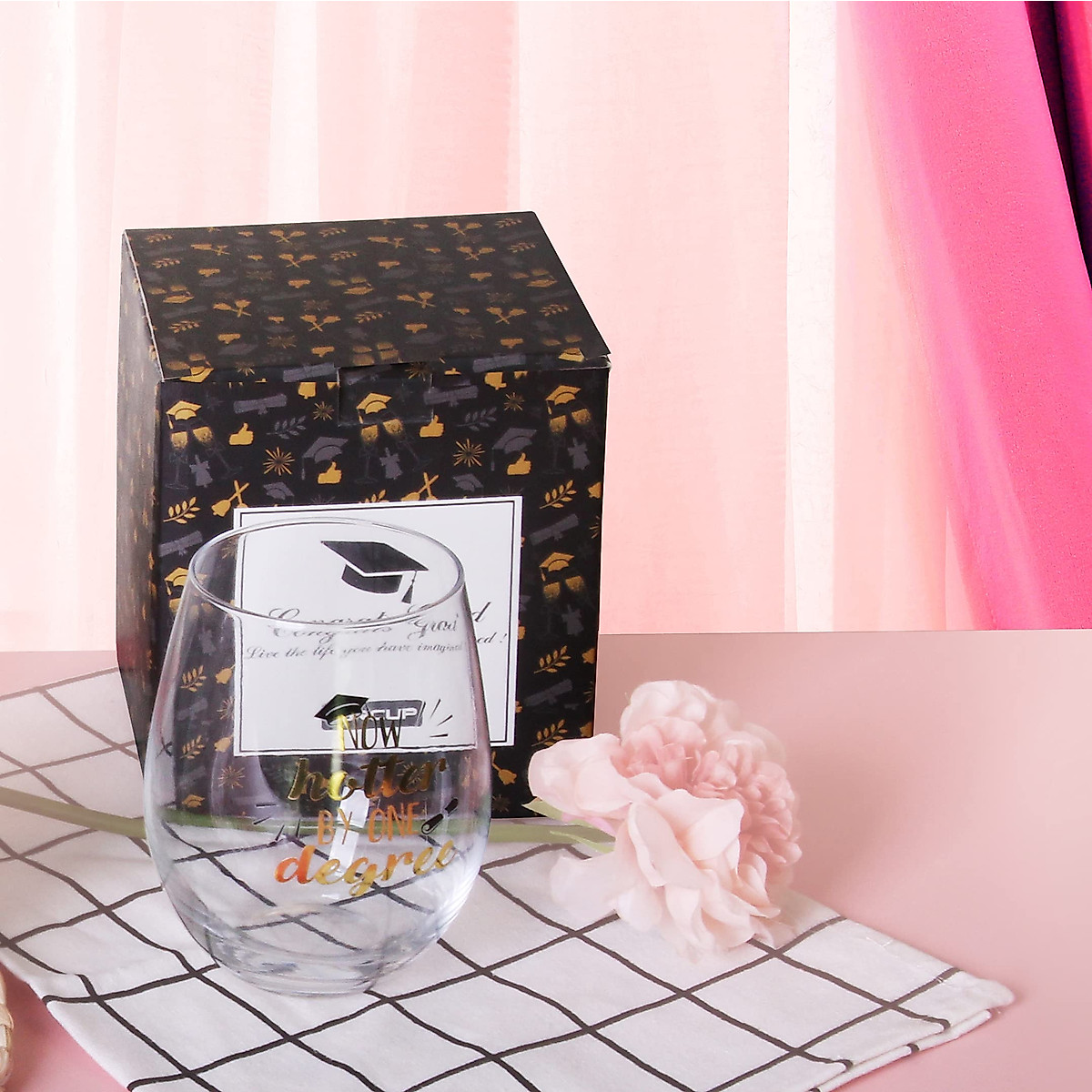 CORCUP 2024 Graduation Wine Glass Gift with Keychain- Now Hotter by One Degree - 15oz Stemless Wine Glass Great Gift for College and High School Graduates