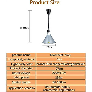 LINKANRUO Food Heat Lamp, 60-180cm Retractable Catering, Restaurant Pendant Ceiling Lights for Keep Steak Pizza Warm, Kitchen Buffet Insulation Equipment, 2pcs 27mm Lamps