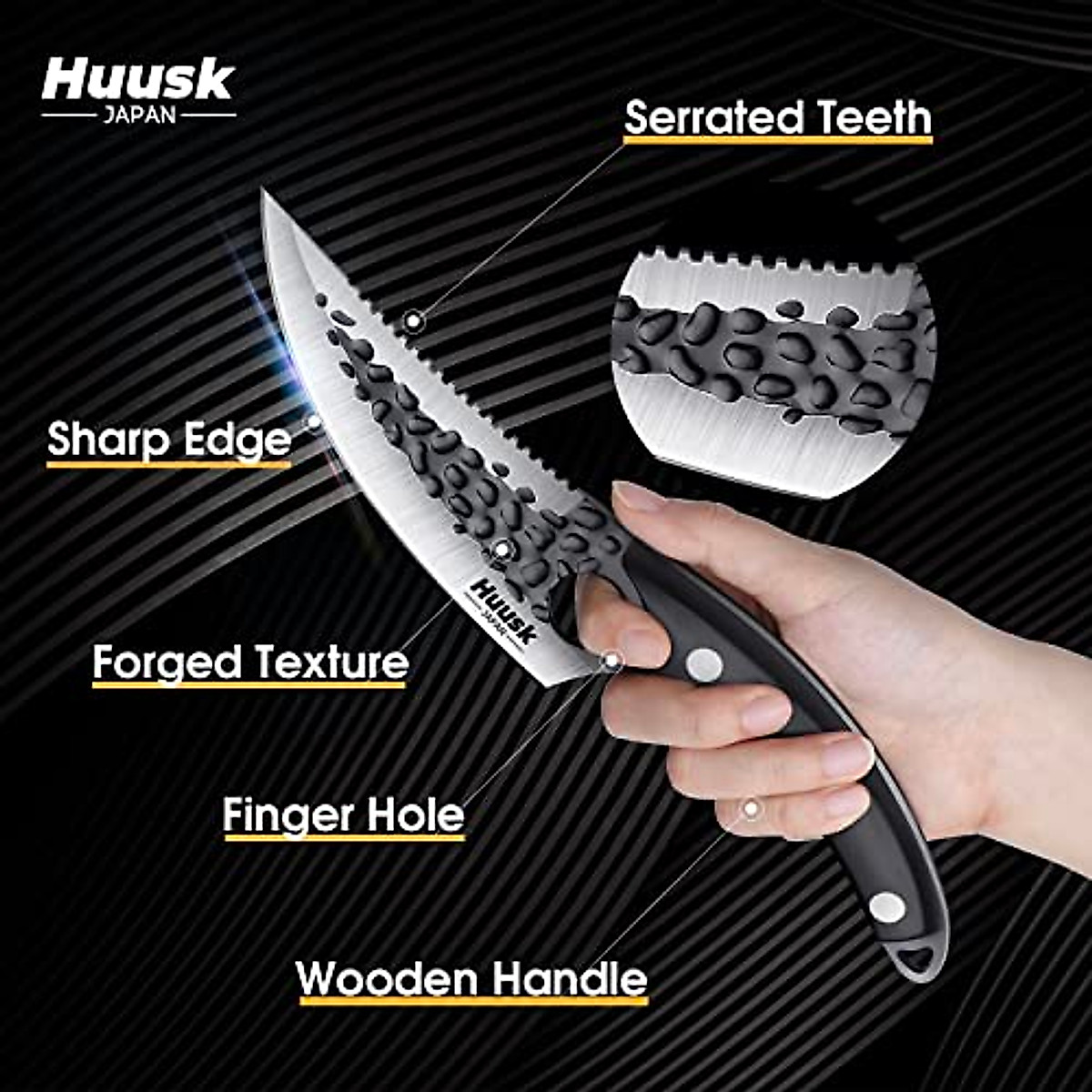 Huusk Viking Knife Caveman Knives - Hand Forged Meat Cleaver Sharp Boning Knife for Meat Cutting Japanese Knife with Sheath Trimming Butcher Knife for Kitchen & Outdoor Use