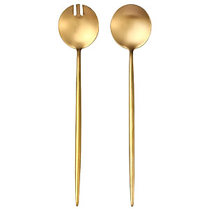 Lemeya Gold Salad Serving Utensils,Serving Spoons Stainless Steel,2Pcs Long Handle Salad Servers 11.42 Inch,Salad Utensils for Serving,Matte Finish,Dishwasher Safe
