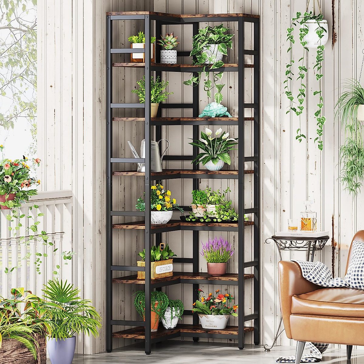 Tribesigns 78.74” Tall Corner Shelf, 7 Tier Industrial Corner Bookcase Storage Display Shelves for Living Room Home Office, Rustic Brown
