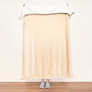 MONDAY MOOSE Cozy Fleece Throw Blanket with Pom Pom Fringe, Super Soft Lightweight Microfiber Flannel Blanket, Double-Sided Designs, for Couch Bed Sofa Home Decor (50x60 inch, Cream/Light Brown)