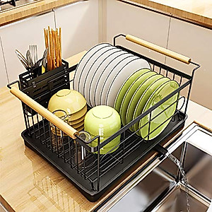 BRIAN & DANY Dish Drying Rack with Drip Tray, Stainless Steel Dish Drainer with Wooden Handles and Cutlery Holder, 18.4 x 12.5 x 9 inches, Black
