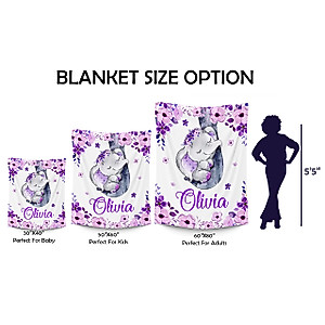 Personalized Cute Purple Elephant Animal Floral Baby Name Blanket Throw Fleece Swaddle Shower Super Soft Blanket Newborn Gifts for Baby Girl Daughter New Kid Bed Couch Sofa Decor