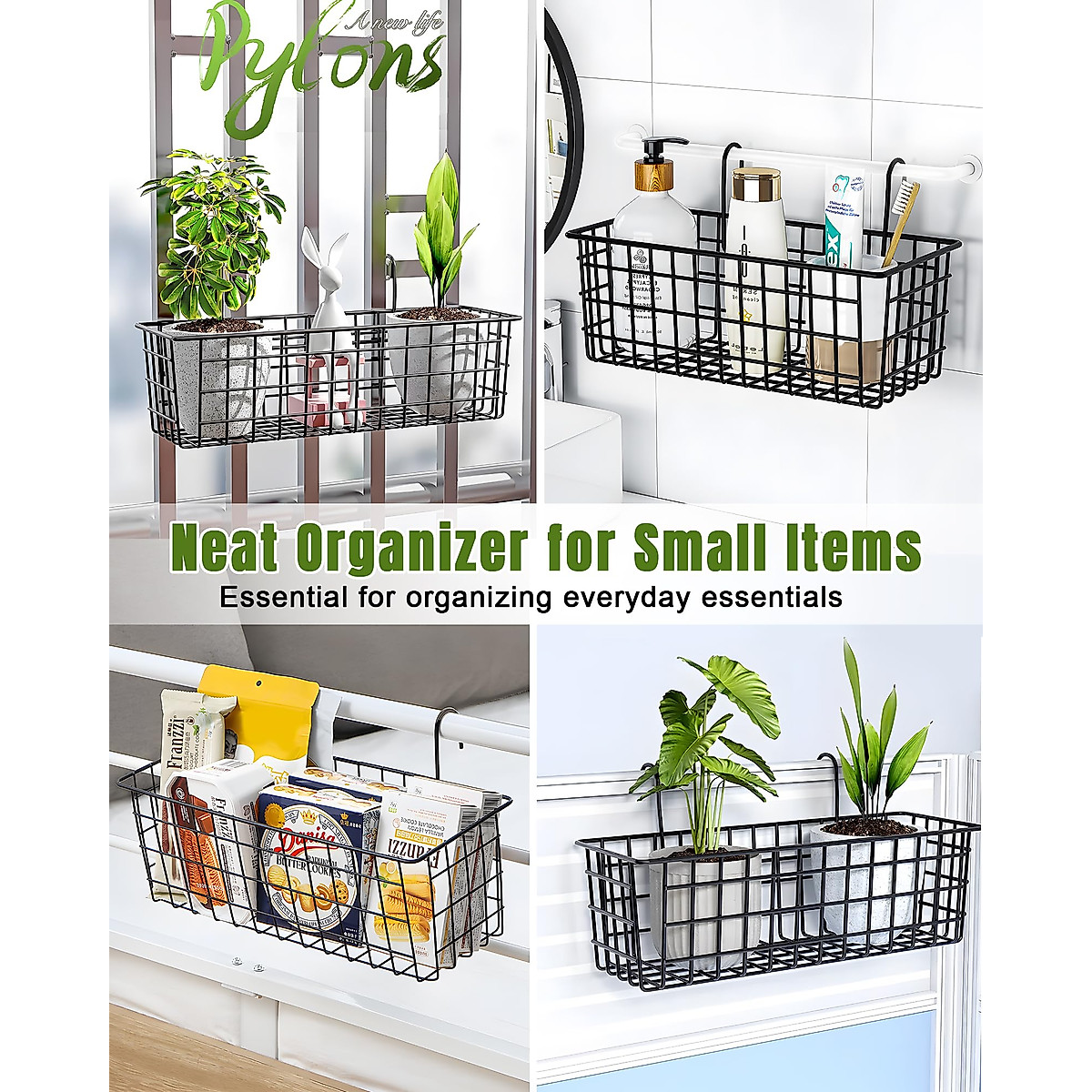 SEMPOMA 6 Pack Black Wire Basket, Hanging wall Basket for Wall Grid Panel, Metal Hanging Baskets for Organizing, Wire Basket for Kitchen Storage, Grid Wall Accessories