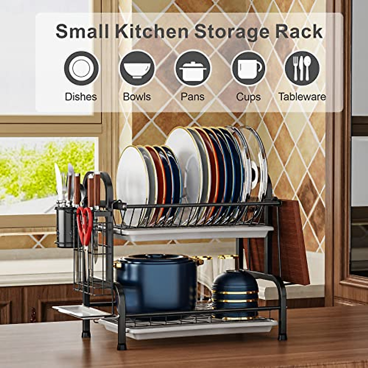 iSPECLE Dish Drying Rack, 304 Stainless Steel 2-Tier Dish Rack with Utensil Holder, Cutting Board Holder and Dish Drainer for Kitchen Counter