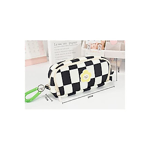 Moaneji Cute Large Capacity Pencil Pouch Aesthetic Checker Canvas Pencil Case Organizer Fashion Stationary Bag Big Pen Holder for Art Suppliers Small Makeup Bag(Brown)