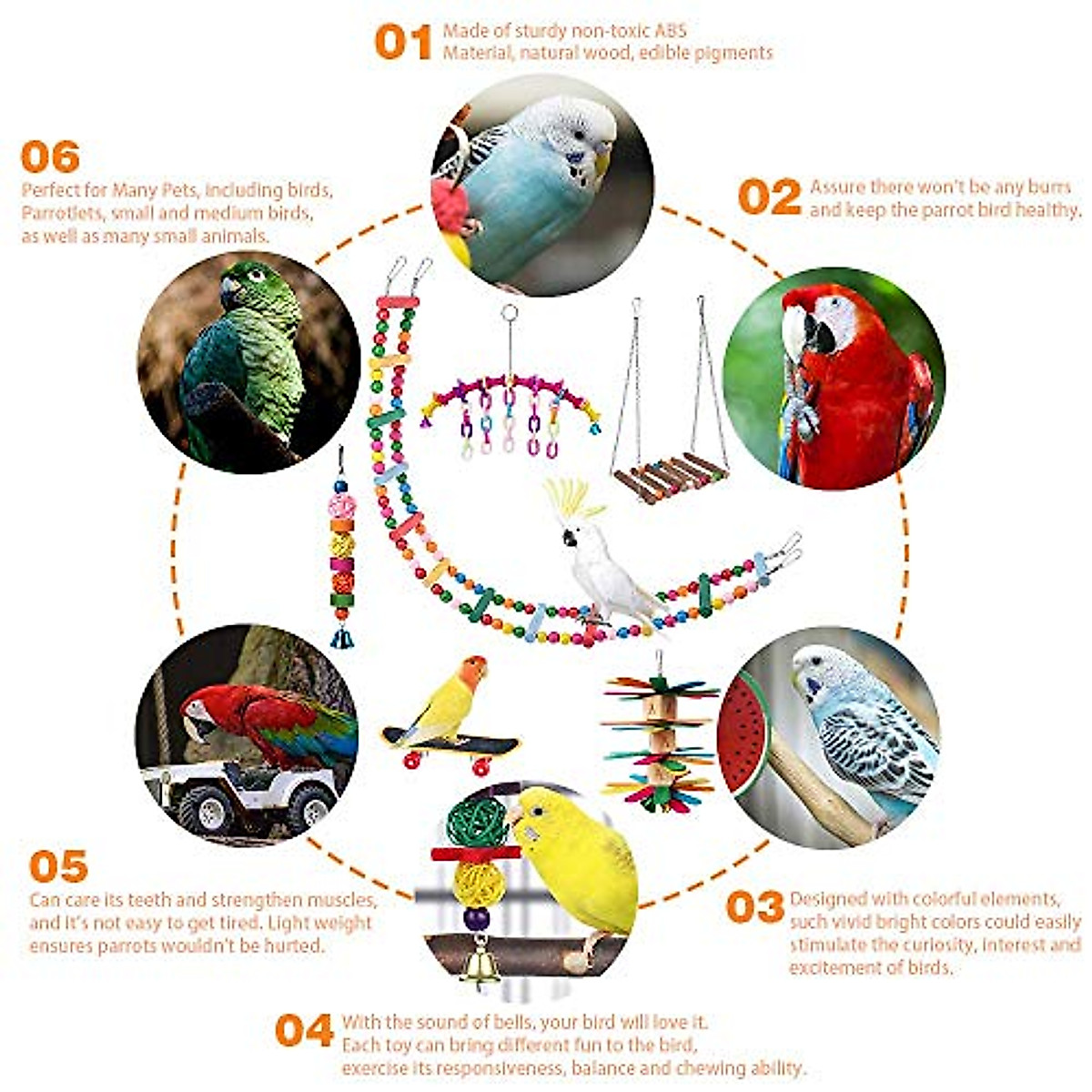 Shellkingdom Parrot Toys,Bird Hanging Wooden Ladder and Bird Hammock Chew Perches Cage Finch Toy with Bells for Bird Macaws Cockatiels Parakeets African Grey Parrot Lorikeets Conures