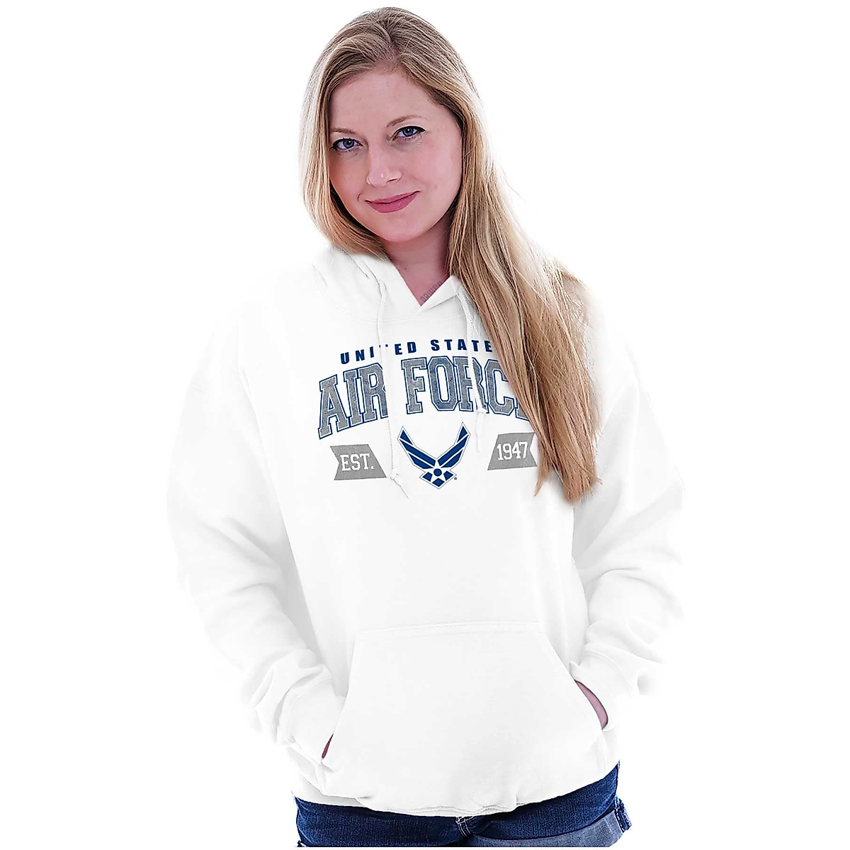 Brisco Brands US Air Force Wing Emblem Established Hoodie Sweatshirt Women Men White