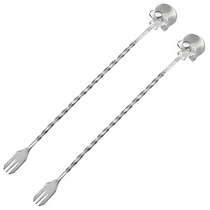 Pinenjoy 2Pcs Skull Bar Spoon and Fork with Spirial Pattern 9.8inch Long Handle 18/10 Stainless Steel Cocktail Shaker Spoon for Bartender Halloween Stirring Beverages