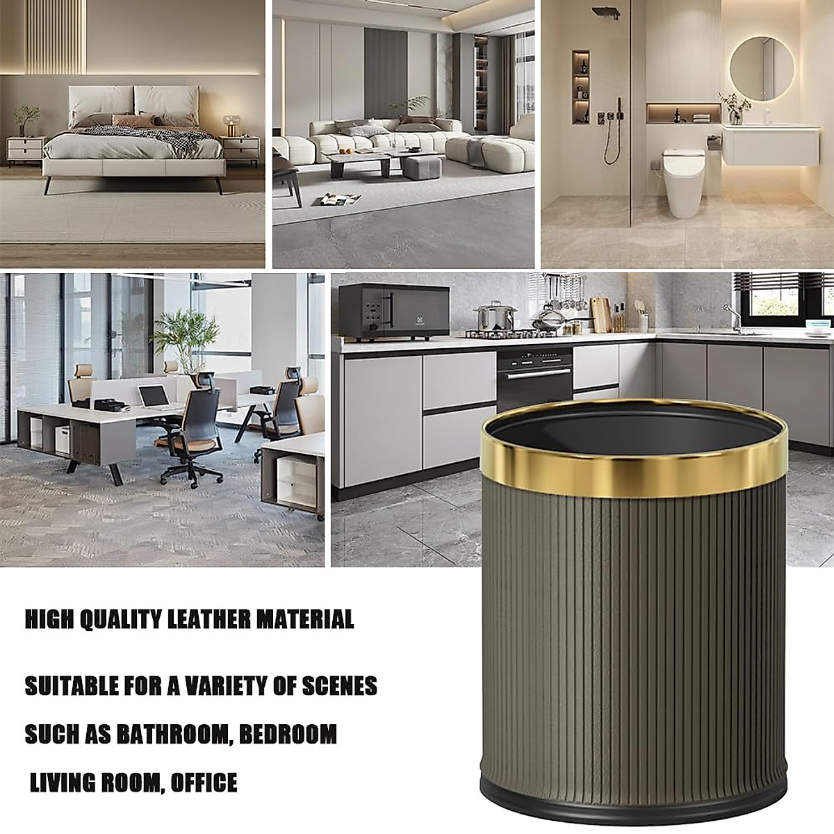 10L/2.6GAL Bathroom trash can without lid,Metal Waste Bin with Leather Cover,Open Top Office Wastebasket, Round Garbage Can for Bathrooms, Powder Rooms, Kitchens, Home, Office and and High-End Hotel