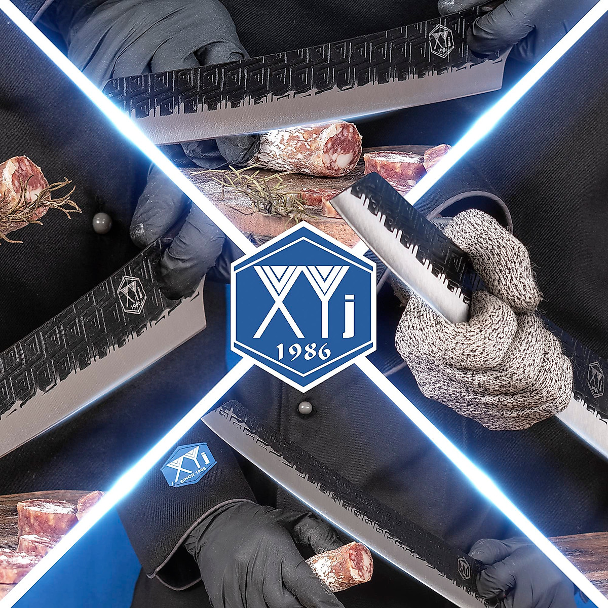 XYJ Japanese Chef Knife With Knife Guards Protector,Sharpener Rod,Carving Brisket Knives,Camping Butcher Kitchen Knives,Curved Full Tang (14.5 Inch)