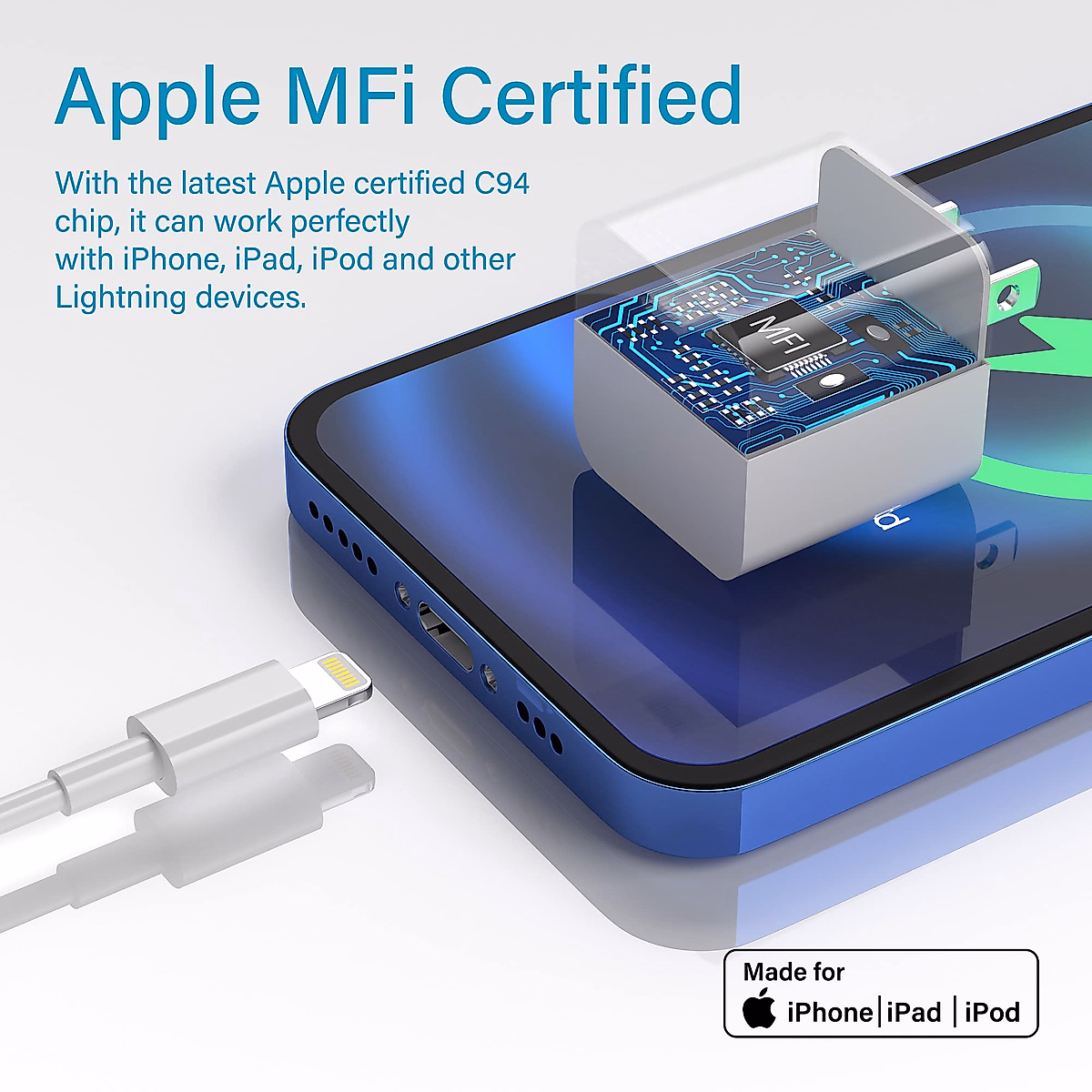 [Apple Certified] iPhone Charger 1 ft 5 Pack, Lightning to USB Cable 1 Foot, Long Fast iPhone Charging Cables Cord for iPhone 13 Pro Max/12 Mini/11/XR/Xs/X/8/7/6/iPad Pro/Air/Mini-1Feet White